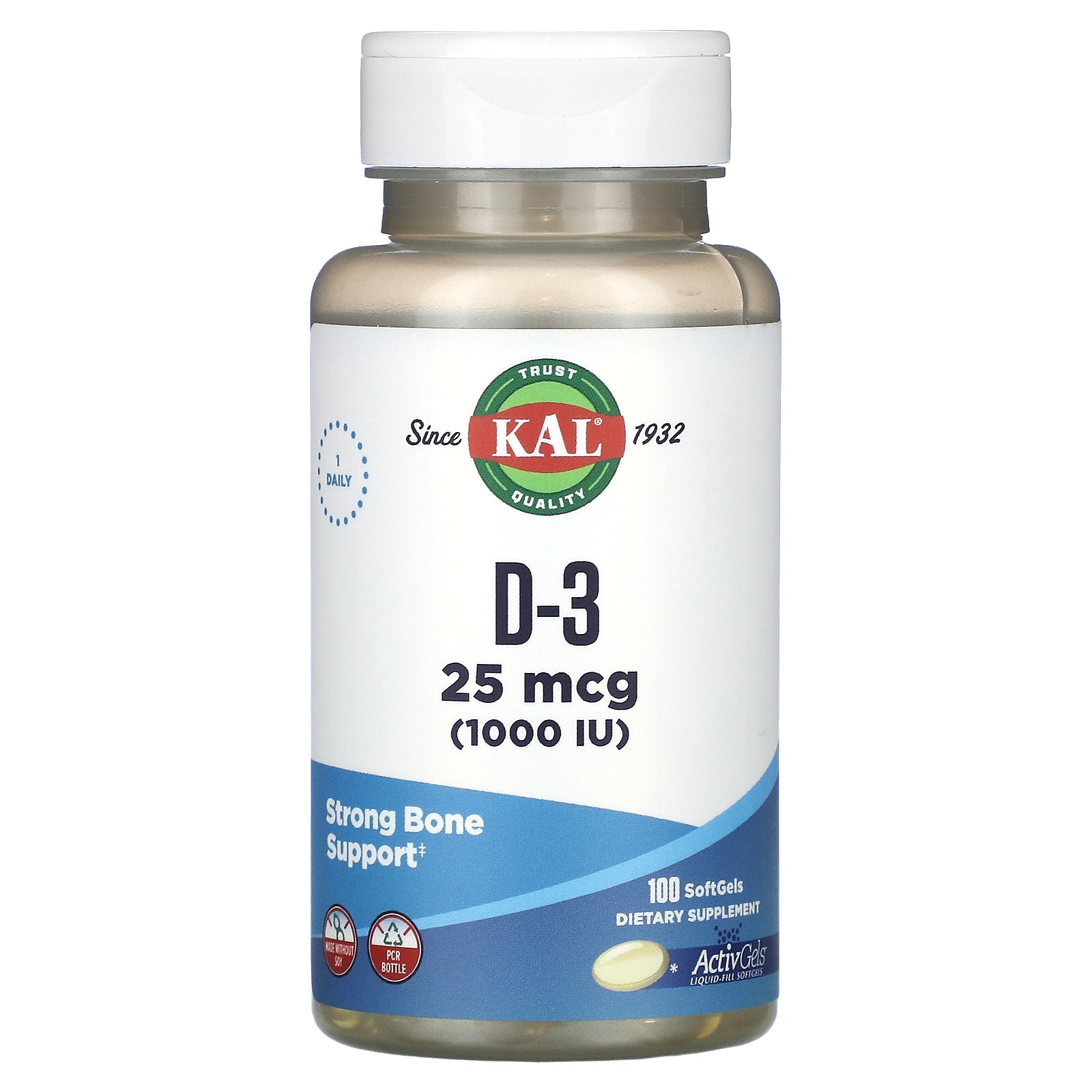 Kal, D-3, 25 mcg (1,000 IU), 100 Softgels | HiLife Vitamins