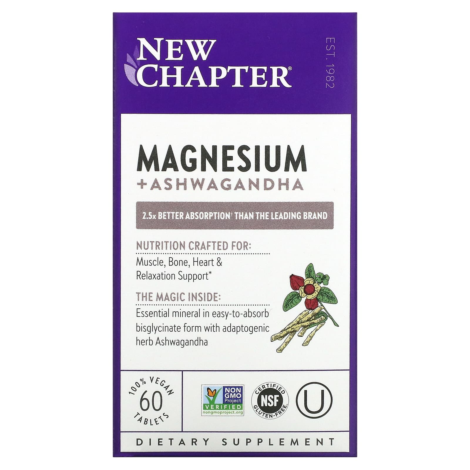 New Chapter, Magnesium + Ashwagandha, 60 Vegan Tablets | HiLife Vitamins