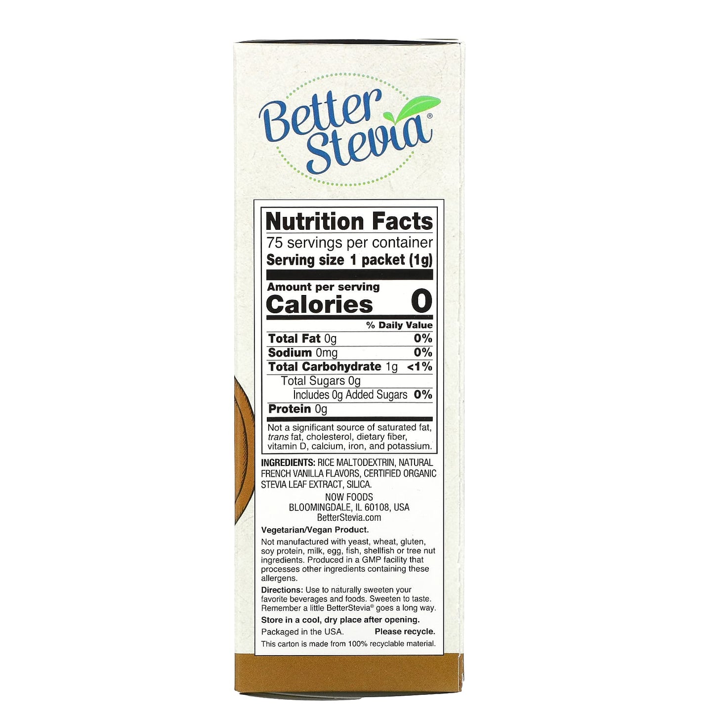 Now Foods, BETTER STEVIA VANILLA PACKETS, 75 Box | HiLife Vitamins