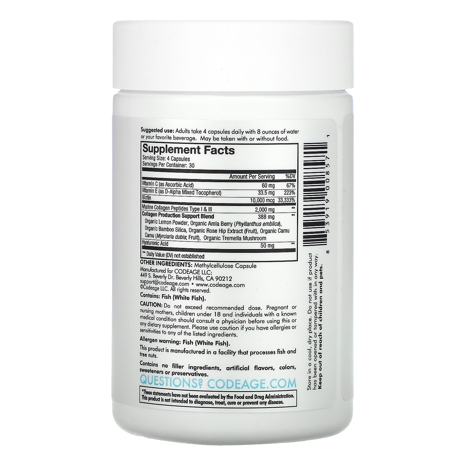 Codeage, Biotin Marine Collagen Capsules, 120 capsules | HiLife Vitamins