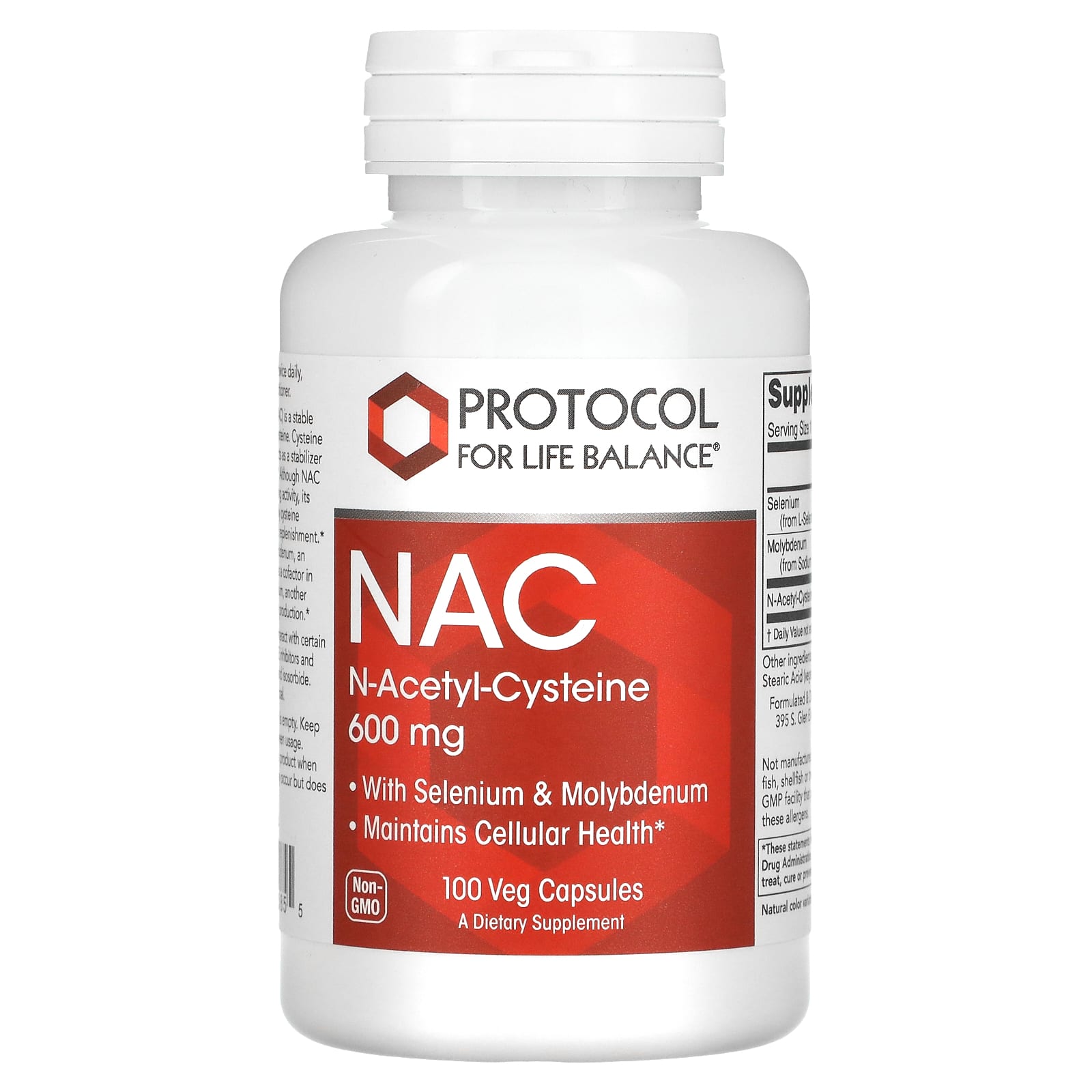 Protocol For Life Balance, NAC-ACETYL CYSTEINE 600mg PLUS, 100 Veg ...